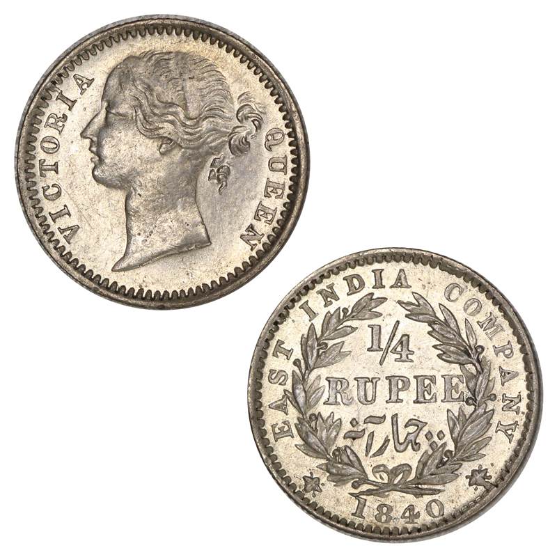 India, E.I.C 1840(M) Silver 1/4 Rupee – M.R.Roberts - Wynyard Coin Centre