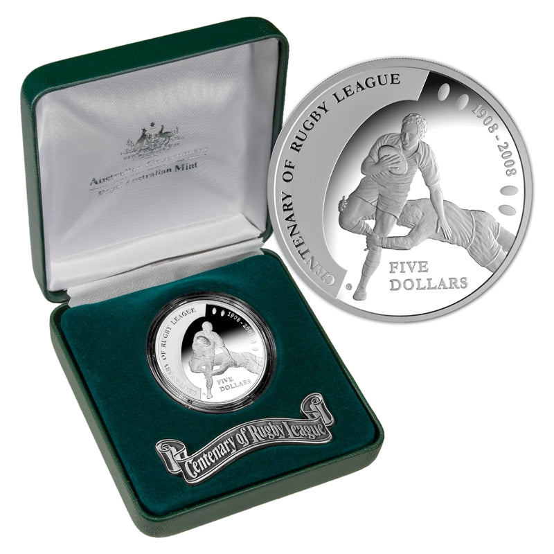 $5 2008 Rugby League 100th Silver Proof – M.R.Roberts - Wynyard Coin Centre